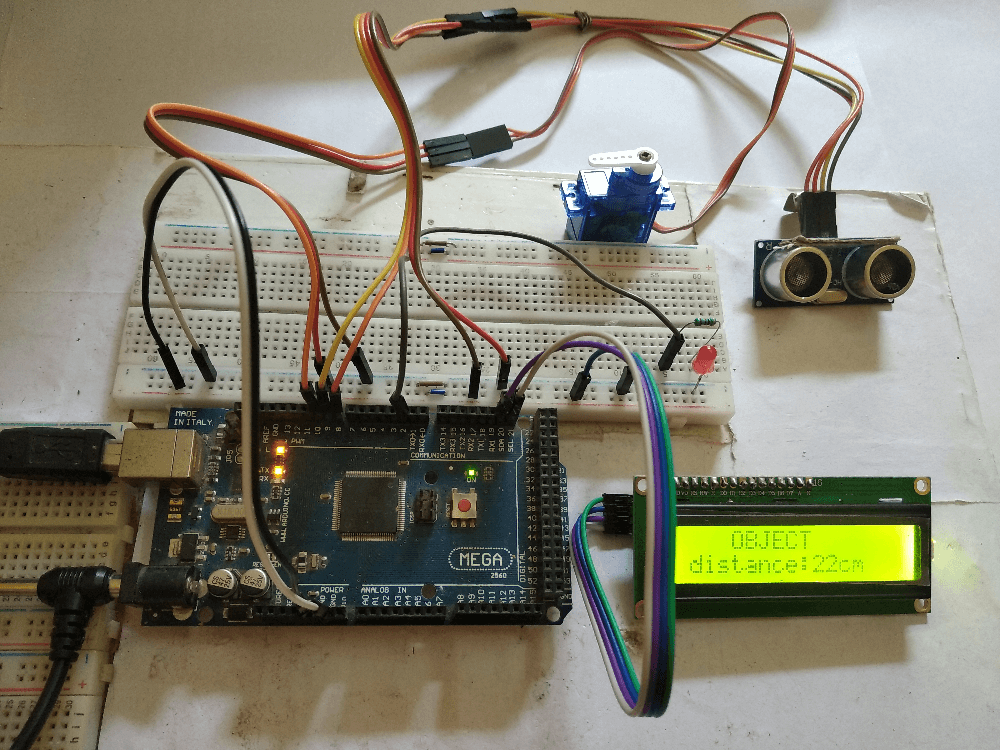 16×2 LCD, Servo Motor with Arduino and Ultrasonic Sensor